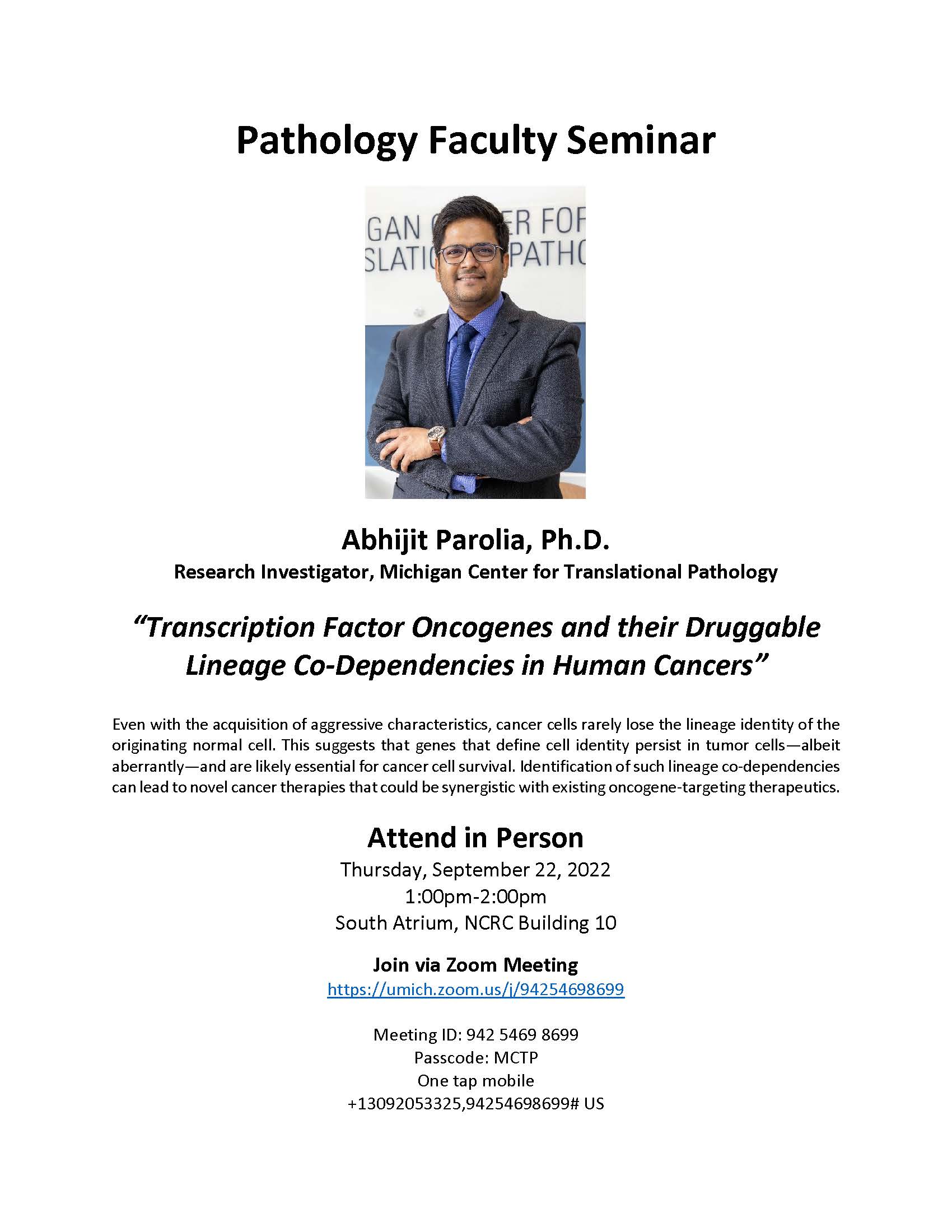 Department of Pathology - Abhiji Parolia, PhD - Pathology Faculty Seminar